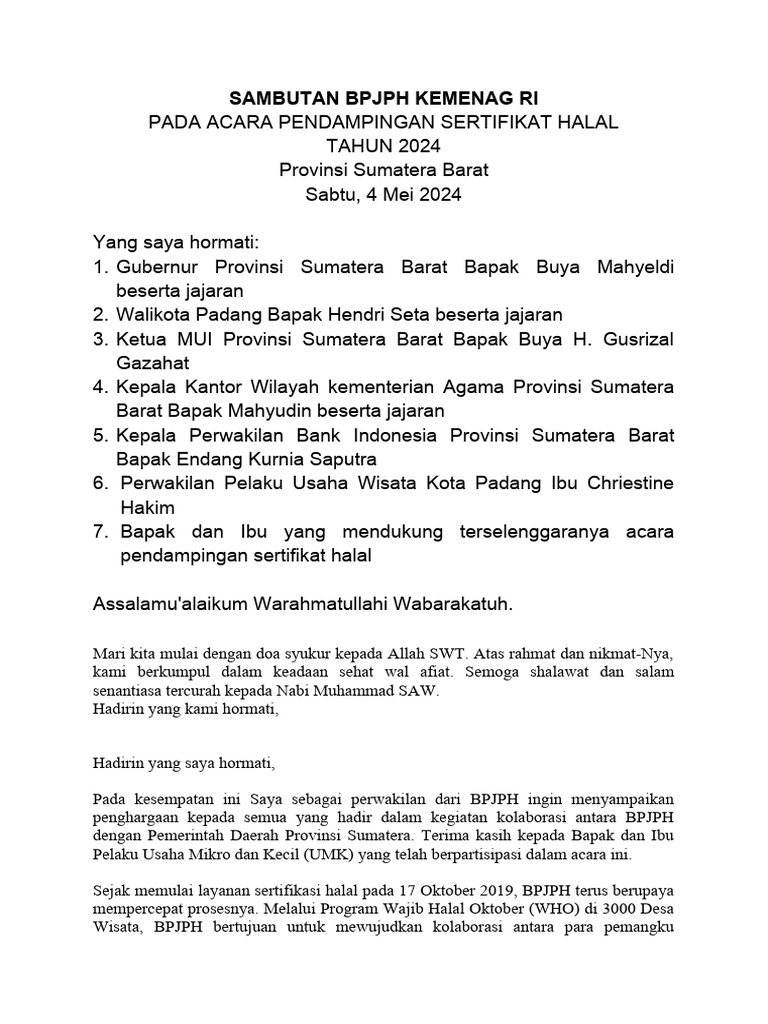 Sambutan BPJPH Kemenag Ri | PDF | Gaya Hidup