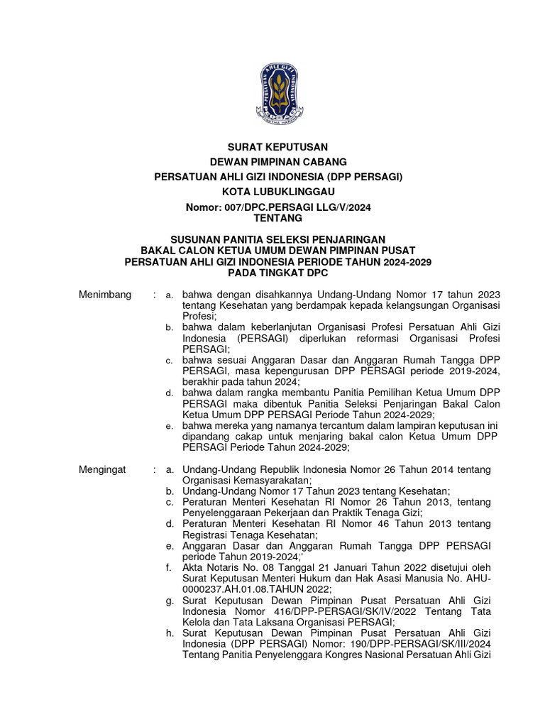 Konsep SK Panitia Seleksi Tingkat DPC | PDF