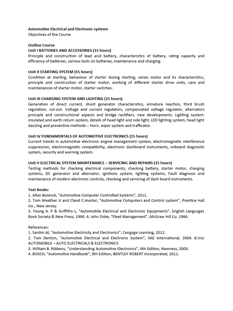 Automotive Electrical Systems Course Outline | PDF | Electricity ...