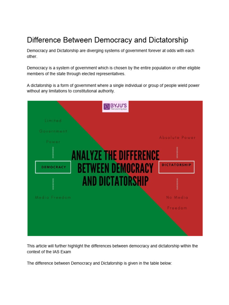 Difference Between Democracy and Dictatorship | PDF | Democracy | Political Ideologies
