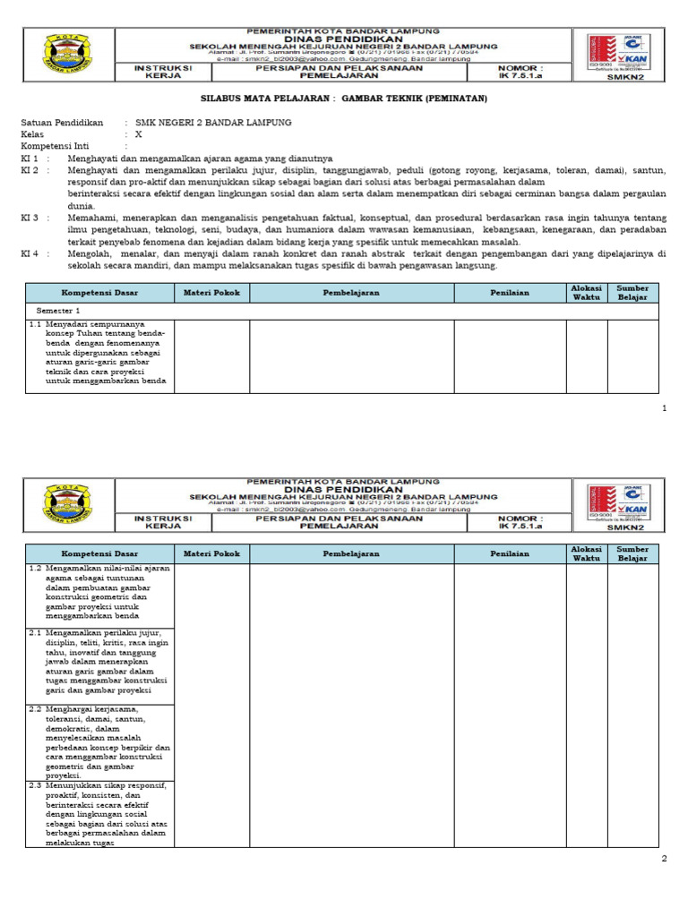 Silabus Gambar Teknik Kelas X SMK n2 | PDF