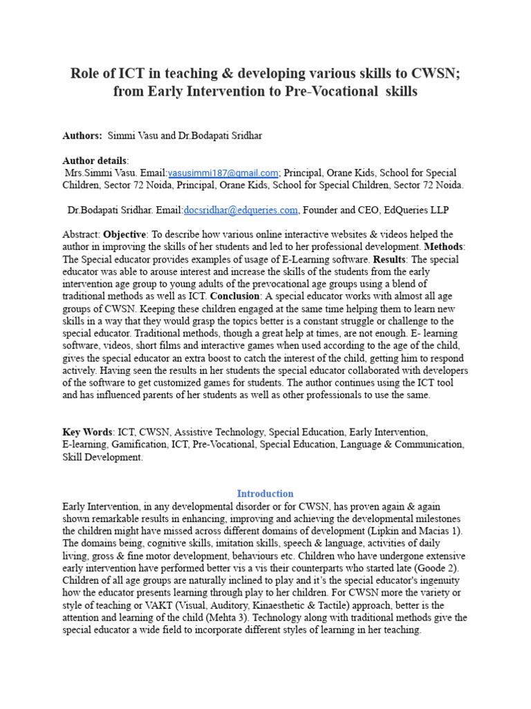ICT for Pre-Vocational Skills in CWSN | PDF | Educational Technology ...