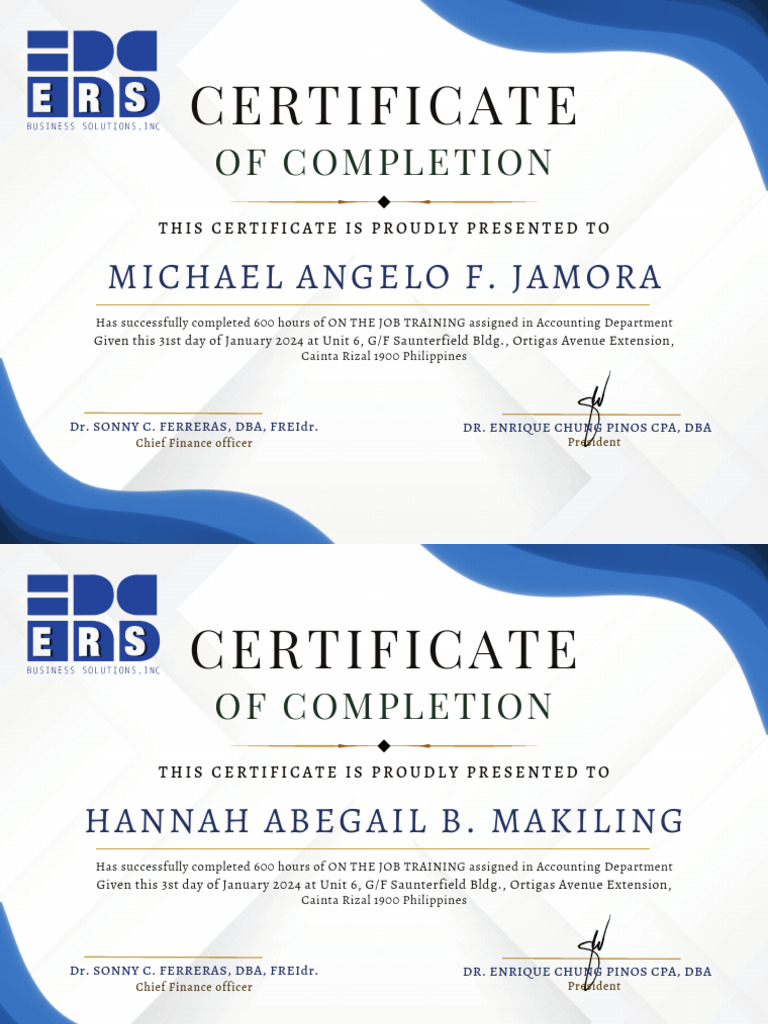 Certificate of Completion OJT | PDF