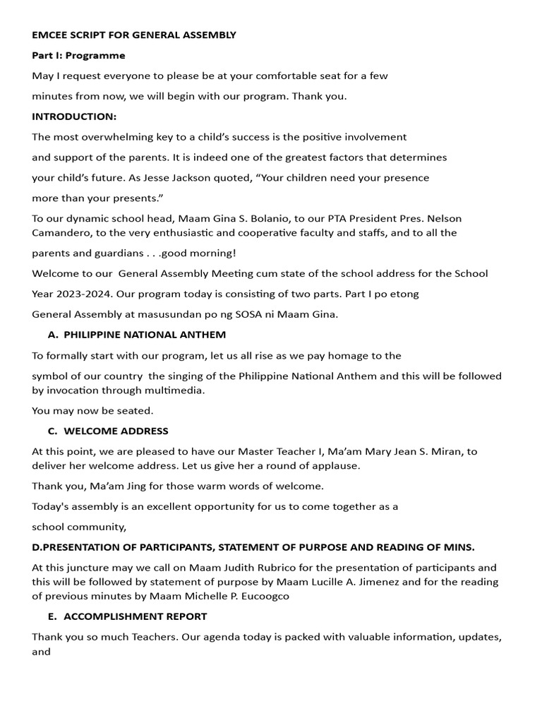 Emcee Script For General Assembly | PDF | Career & Growth | Social Science