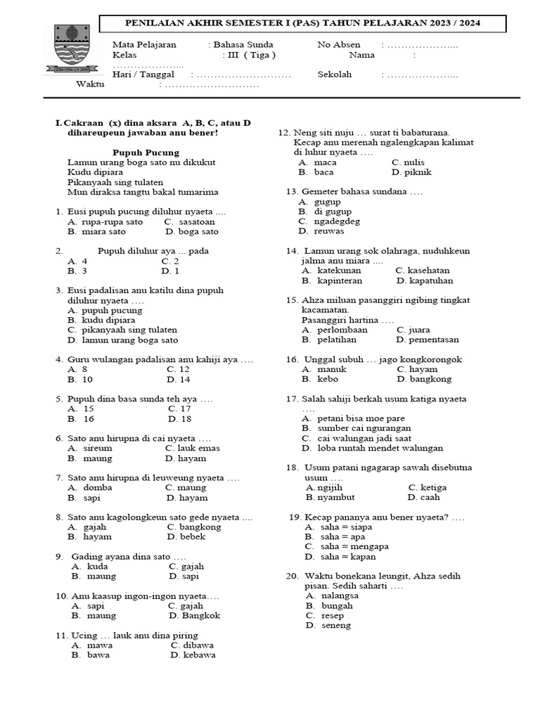Soal Pas Bahasa Sunda Kelas Iii 2023-2024 | PDF