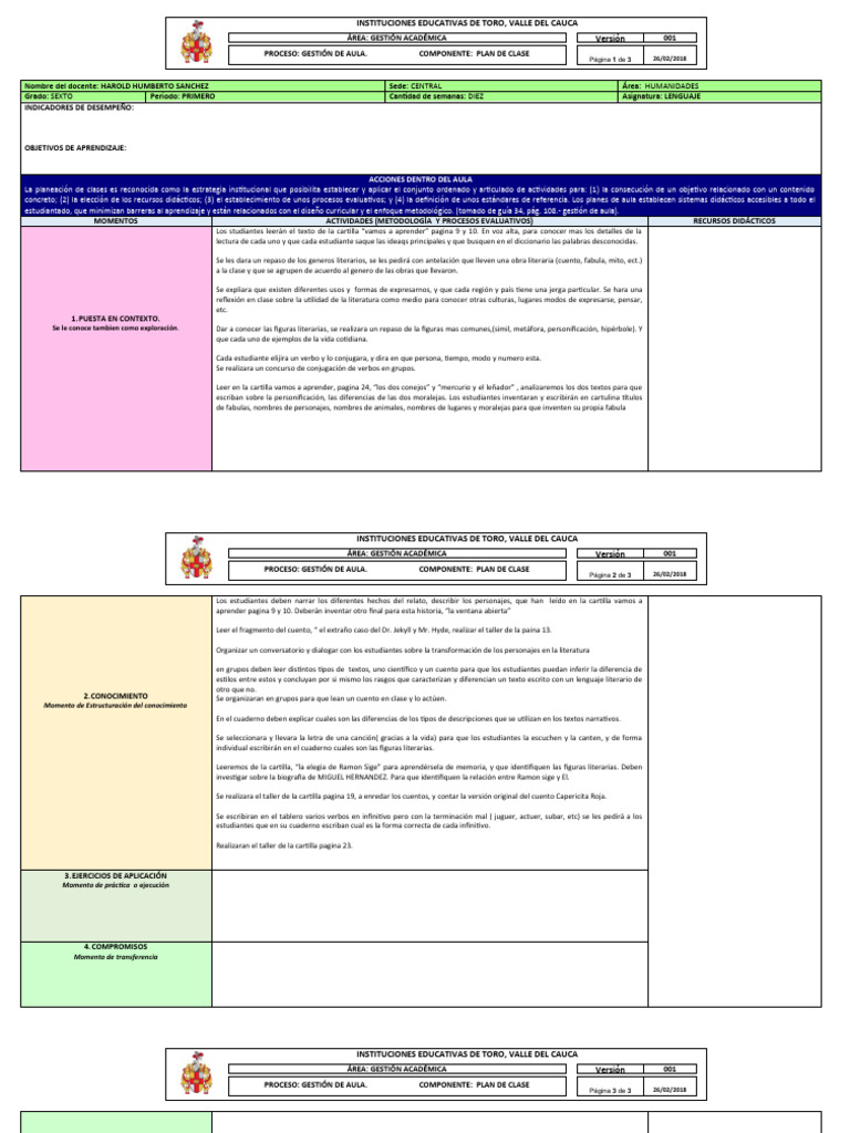 PLAN DE AULA GRADO 6 I PERIODO | PDF | Salón de clases | Aprendizaje