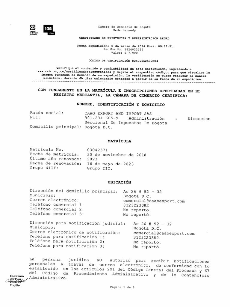 Camara de Comercio Caao Export and Import Sas | PDF
