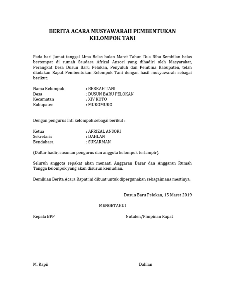 Berita Acara Musyawarah Pembentukan Kelompok Tani | PDF