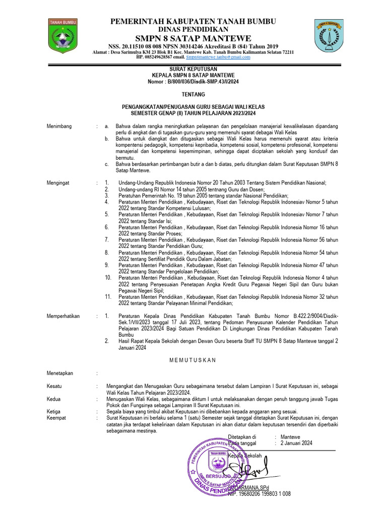 SK Wali Kelas SMPN 8 Satap Mantewe | PDF