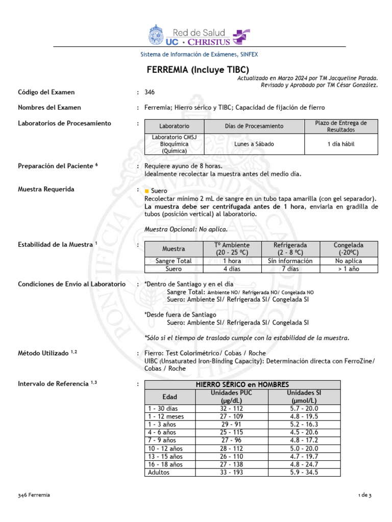 Examen de Ferremia y Hierro Sérico | PDF | Hierro
