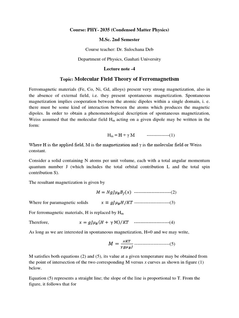 Molecular Field Theory of Ferromagnetism | PDF | Ferromagnetism | Magnetism