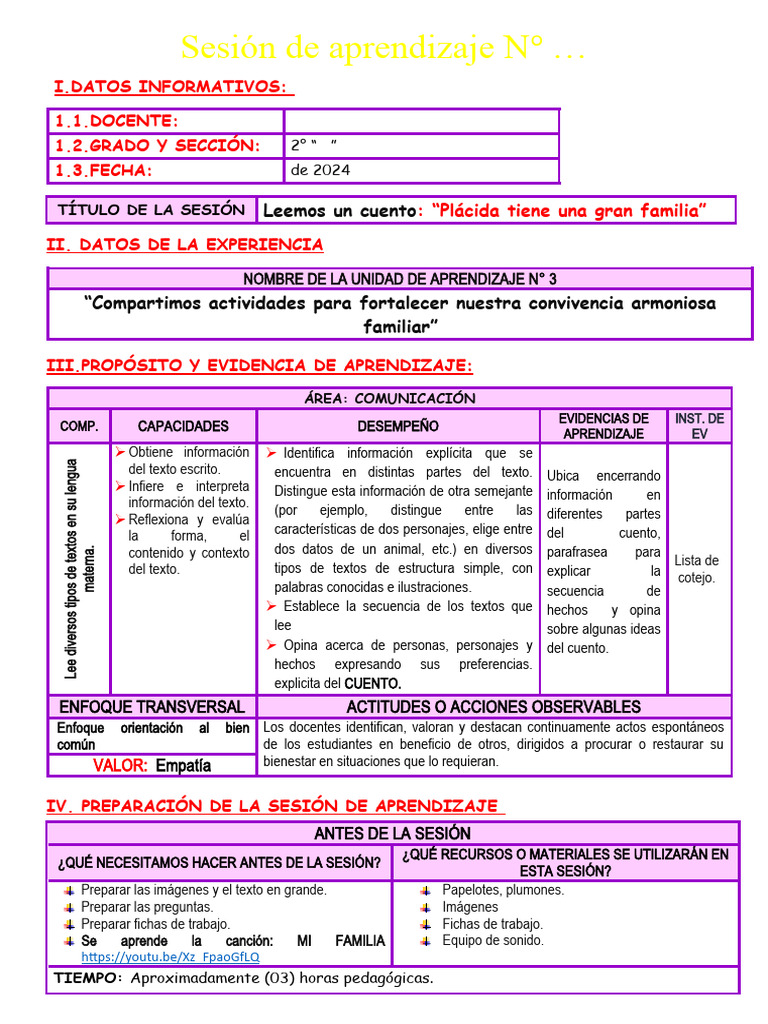 SESIÓN LEEMOS UN CUENTO PLACIDA TIENE UNA GRAN FAMILIA LEEMOS JUNTOS | PDF | Aprendizaje | Enseñando