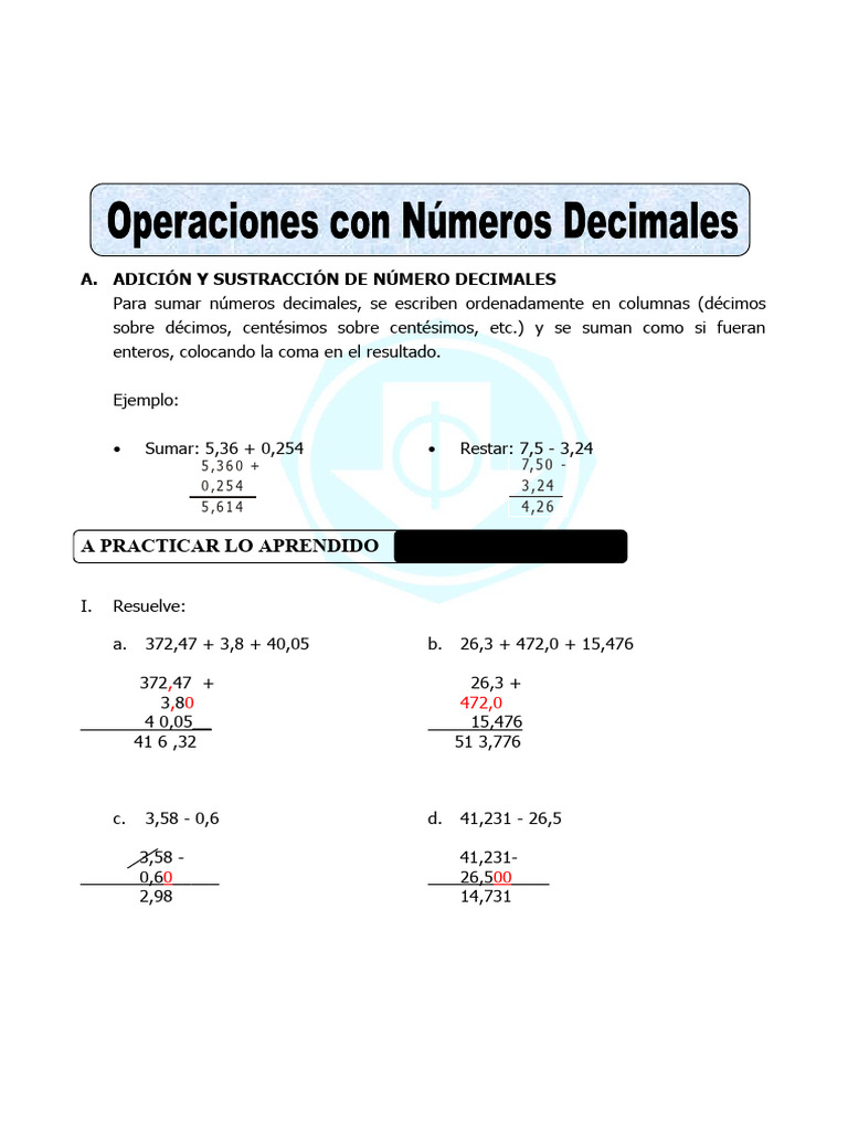Operaciones Con Números Decimales | PDF | Notación | Notación Matemática