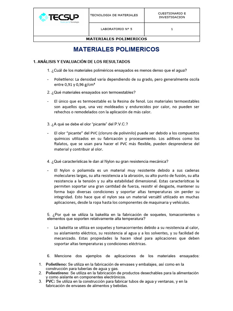 Taller 5 Pesonal MATERIALES POLIMERICOS-1 | PDF | Polímeros | Cloruro de polivinilo