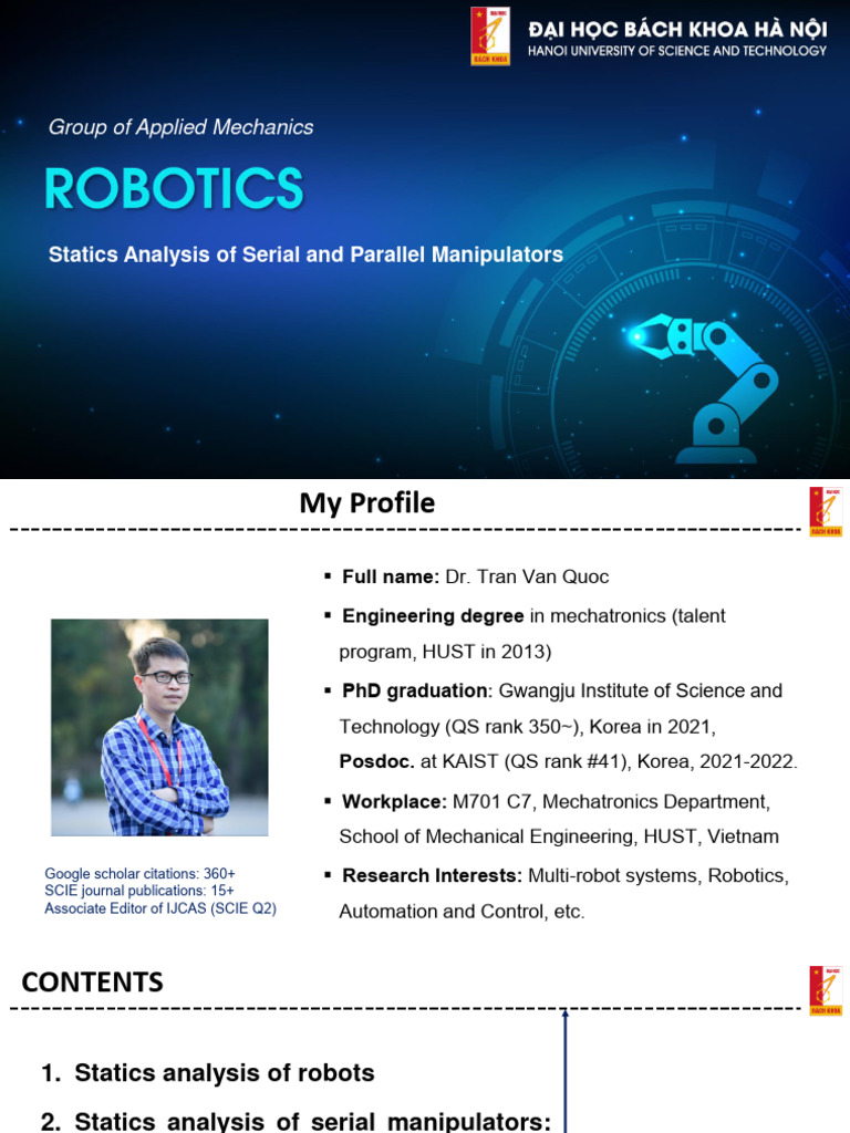 ME3209_Topic_9_Statics Analysis of Serial and Parallel Manipulators | PDF | Force | Torque