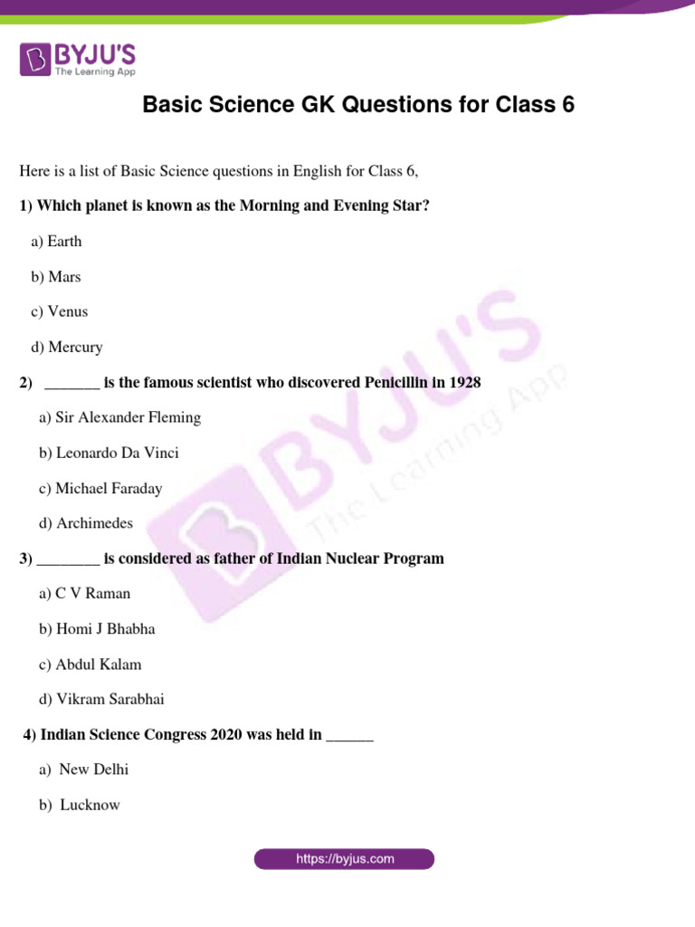 Class 6 Basic Science GK Questions | PDF