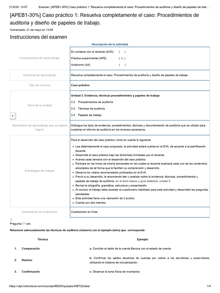 Examen - (APEB1-30%) Caso Práctico 1 - Resuelva Completamente El Caso - Procedimientos de ...