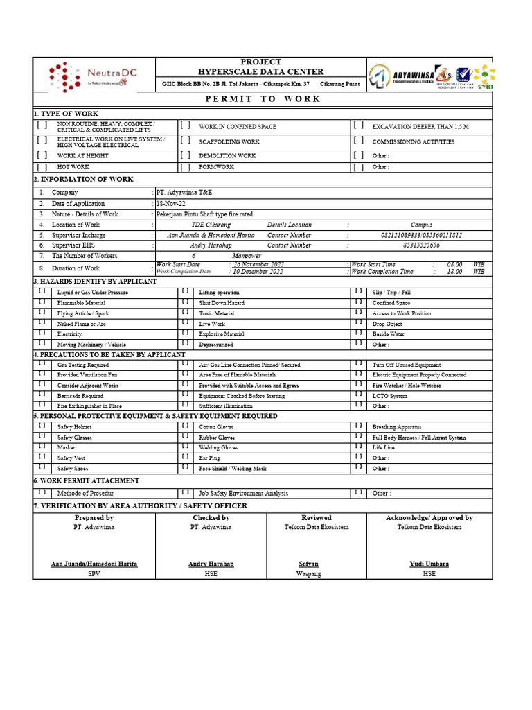 Form PTW - TDE - For Mitra - 1 | PDF | Personal Protective Equipment ...