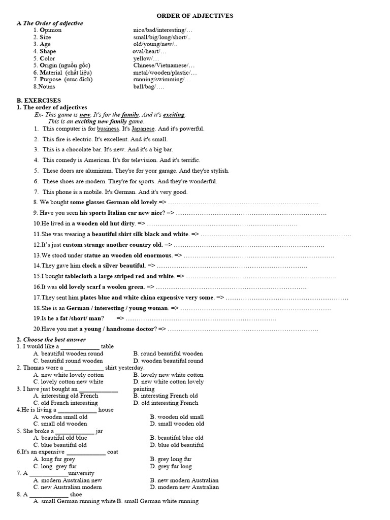 Adjective Order Guidelines and Exercises | PDF | Adjective | Clothing