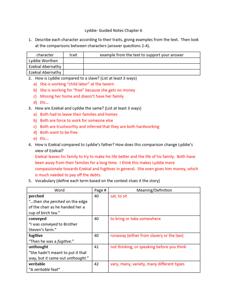 Lyddie - Chapter 6 Guided Notes Teacher | PDF