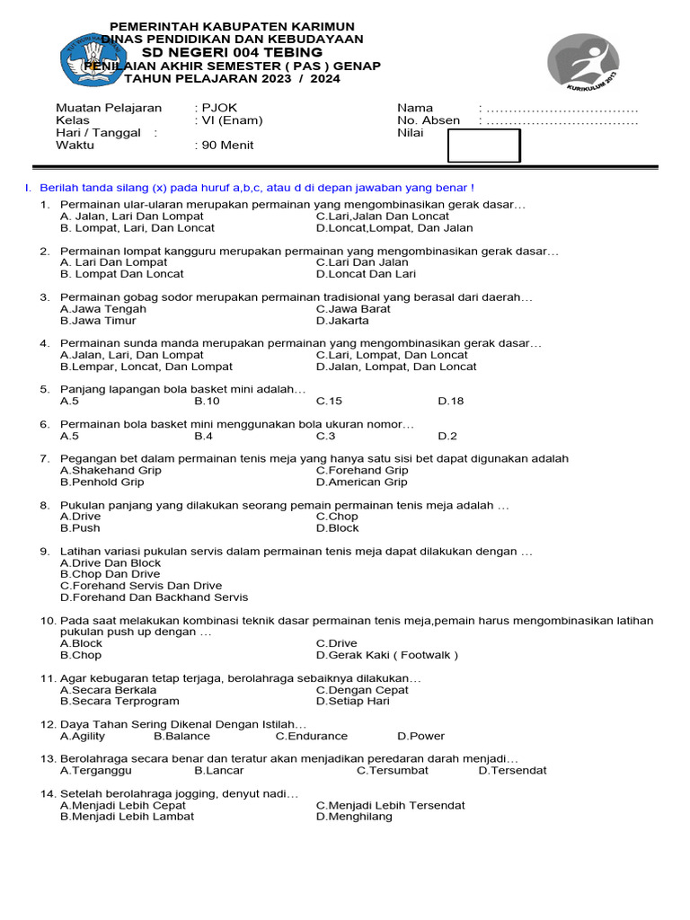 Soal PAS PJOK Kelas 6 23-24 | PDF