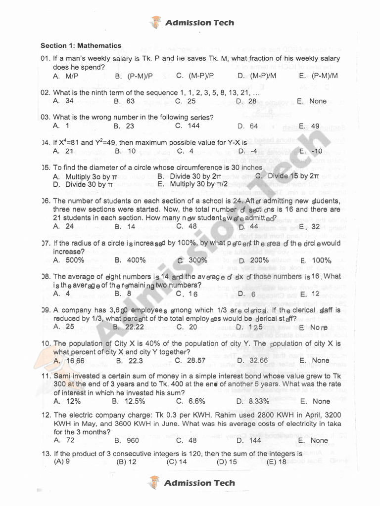 AdmissionTech Brac 18 Summer | PDF | Arithmetic | Elementary Mathematics