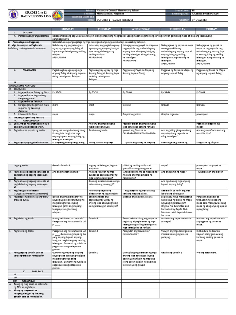 DLL Araling Panlipunan 3 q1 w6 | PDF