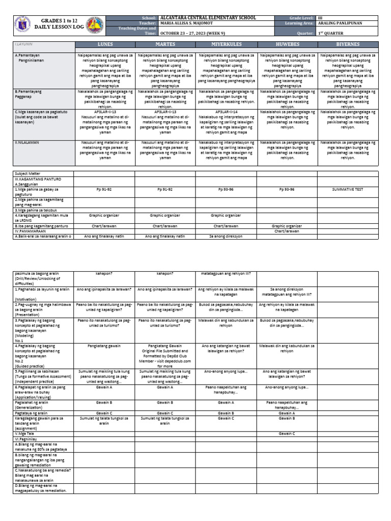 DLL Araling Panlipunan 3 q1 w9 | PDF