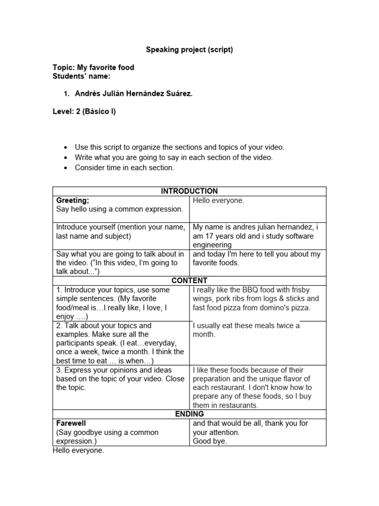 Speaking Project (Script) - Level - 2 - Adriana Aguado | PDF | Cooking ...