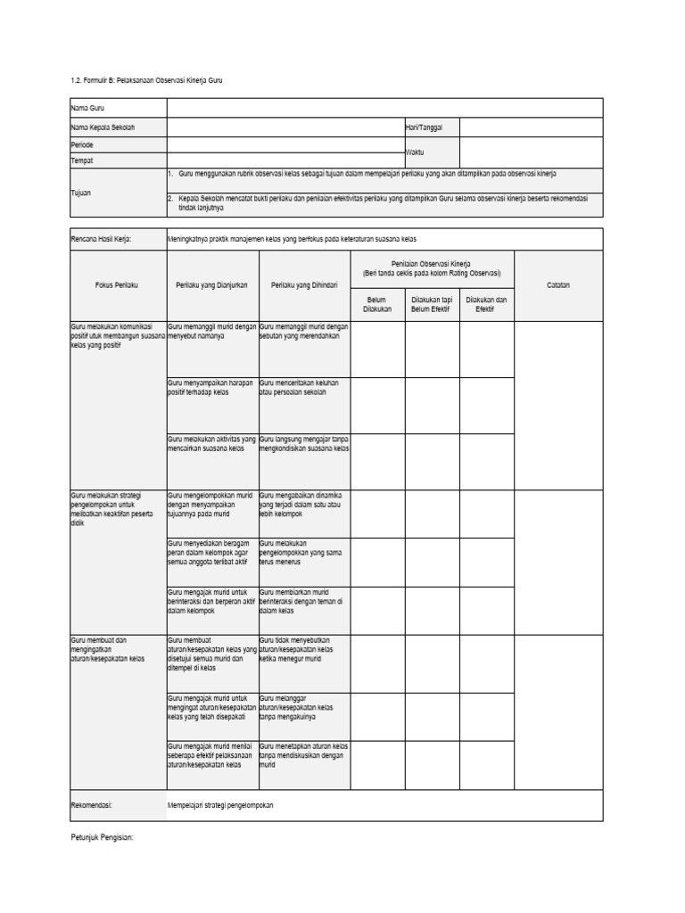 Format Observasi Kinerja Guru | PDF
