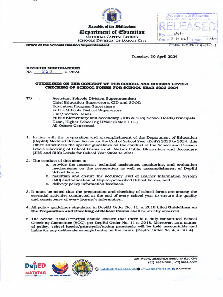 DM 228 Guidelines On The Conduct of The School and Division Levels Checking of School Forms For ...