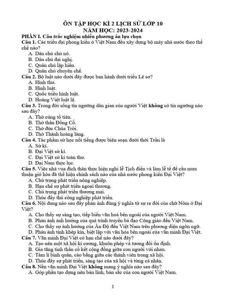 De Cuong On Tap Kiem Tra HK 2 Lich Su 10 NH 2023 2024 | PDF