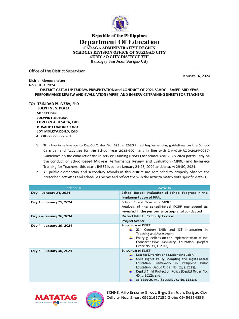 Midyear INSET Memo and Activity Design | PDF