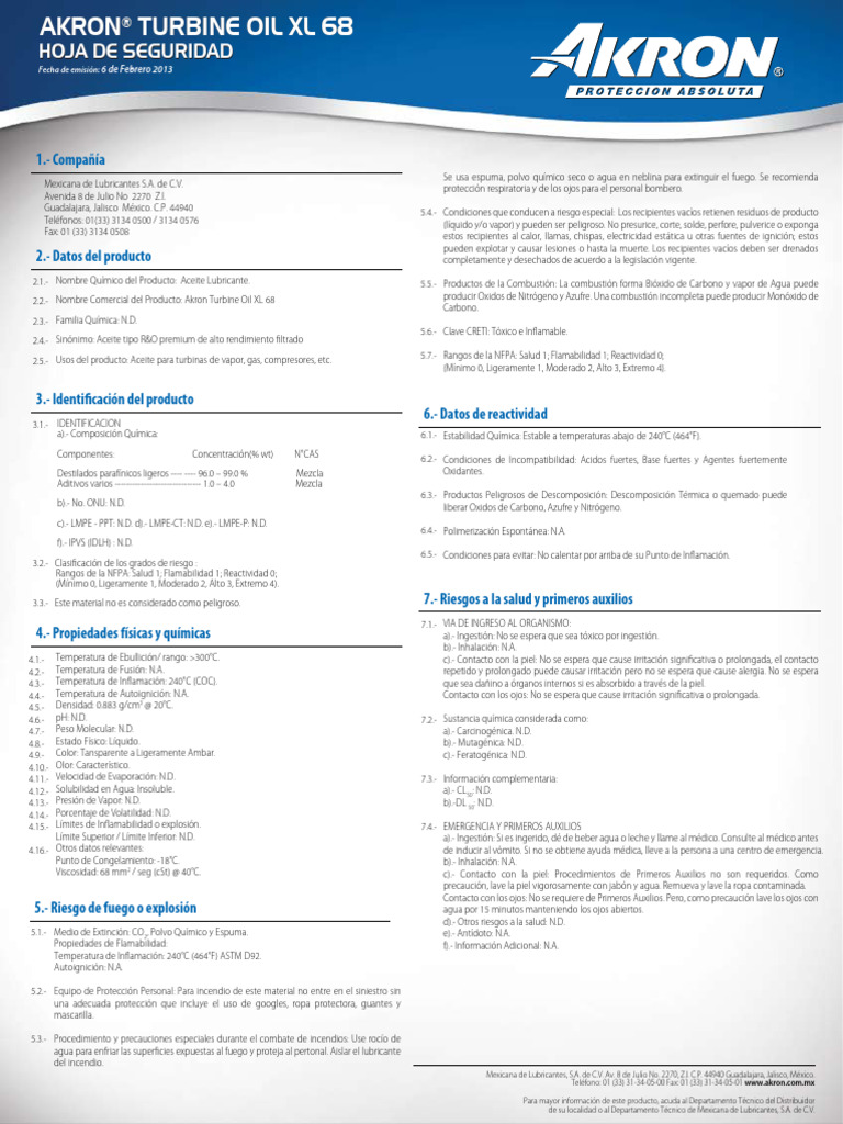 HOJASEG Akron Turbine Oil XL 68 | PDF | Agua | Combustión
