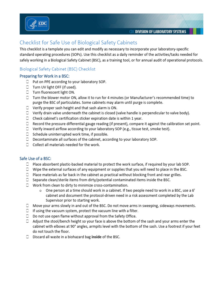 Biological Safety Cabinet Usage Checklist | PDF | Safety | Equipment