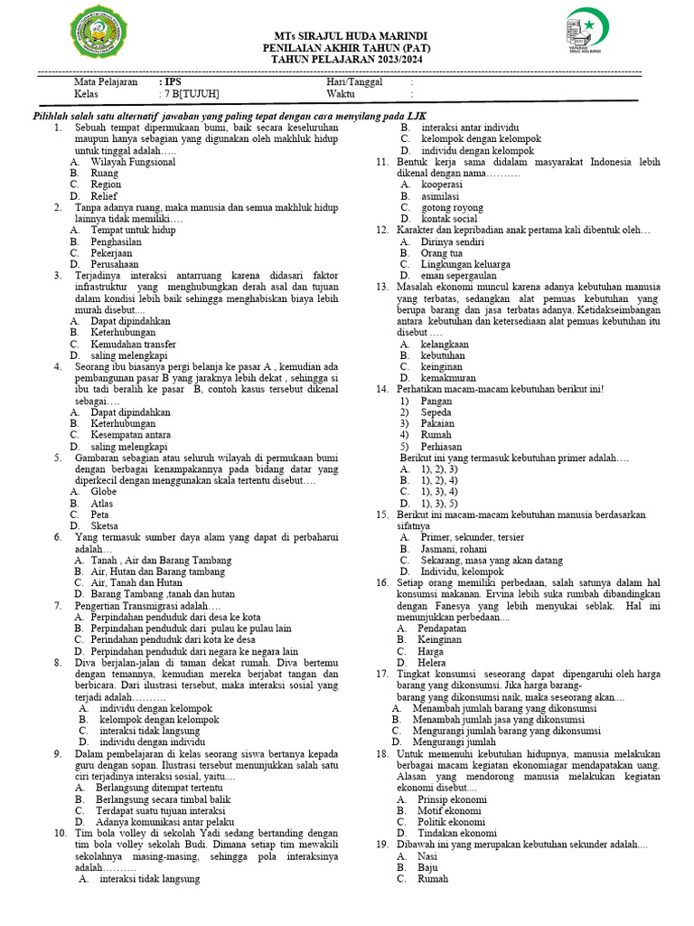 Soal Pat Ips Kelas 7 2023-2024 | PDF