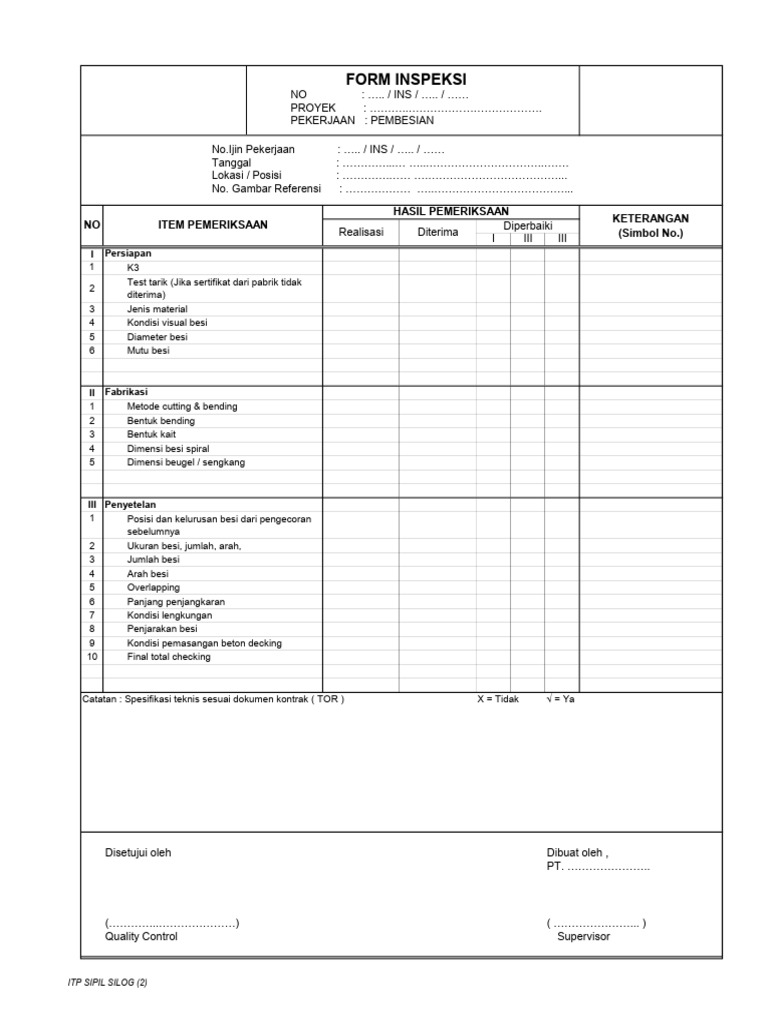 Contoh Form Inspeksi Pembesian | PDF
