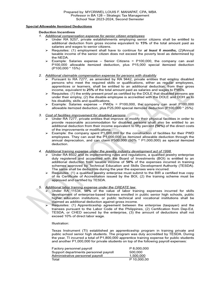 Special Allowable Itemized Deductions NOLCO MCIT | PDF | Tax Deduction ...