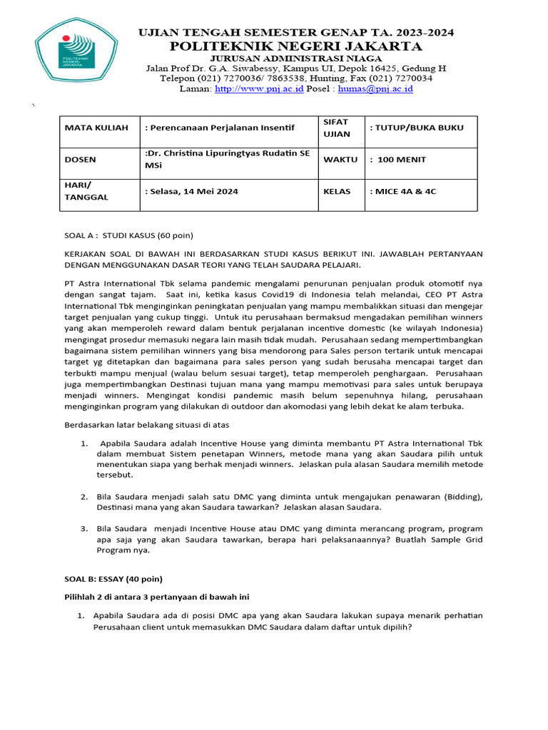 SOAL UTS PERENCANAAN PERJALANAN INSENTIF GENAP 2023-2024 | PDF