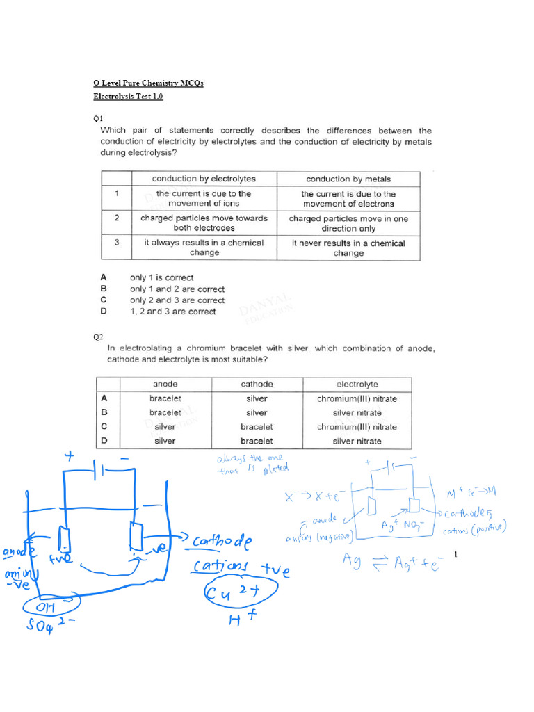 Electrolysis Worksheet 1 With Answers | PDF
