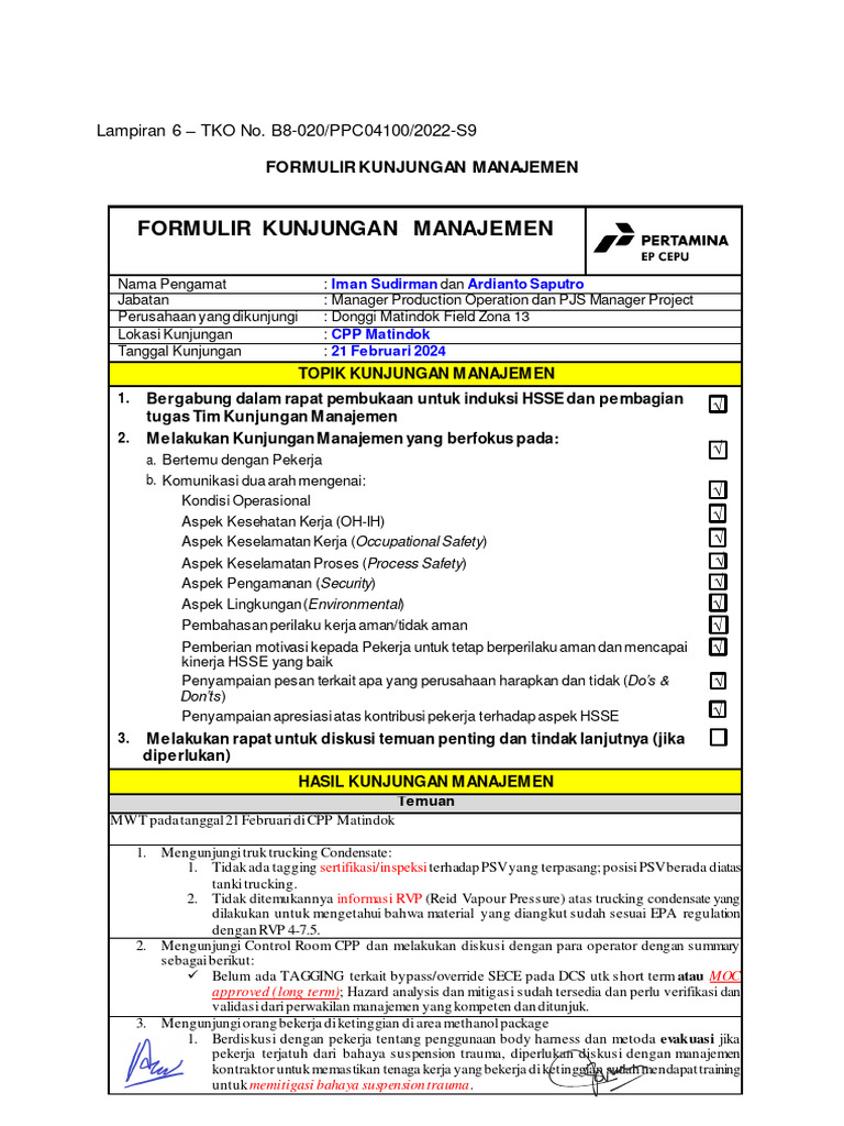 FORM MWT - B8-020 - TKO Management Walkthrough (MWT) PEPC Rev.01 (Signed) | PDF