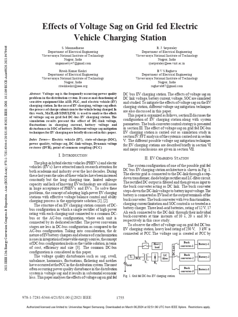 Effects Of Voltage Sag On Grid Fed Electric Vehicle Charging Station