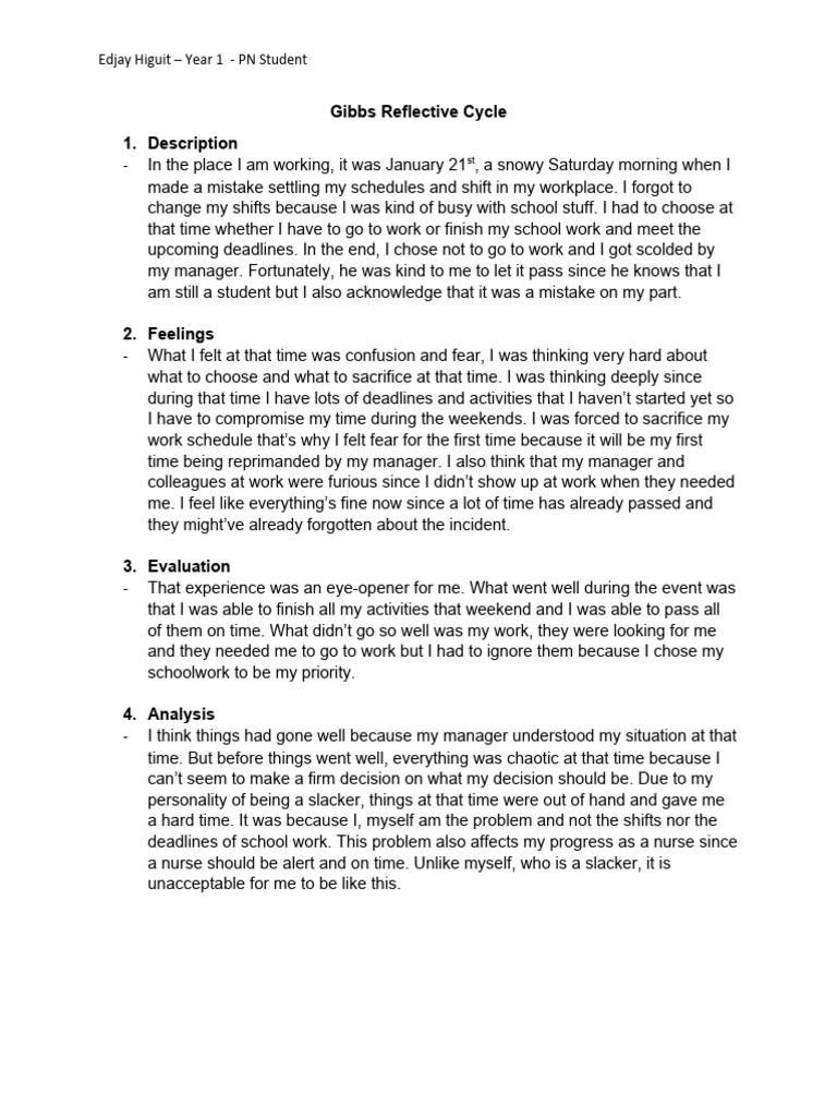 Gibbs Reflective Cycle | PDF | Experience | Psychological Concepts