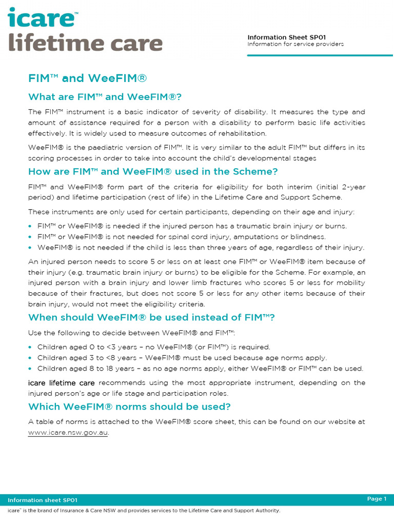 FIM and weeFIM Info Sheet | Download Free PDF | Traumatic Brain Injury ...
