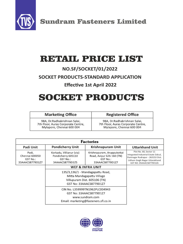 Tvs Fasteners Price List Effective 01-04-2022 Gokul Traders | Download ...