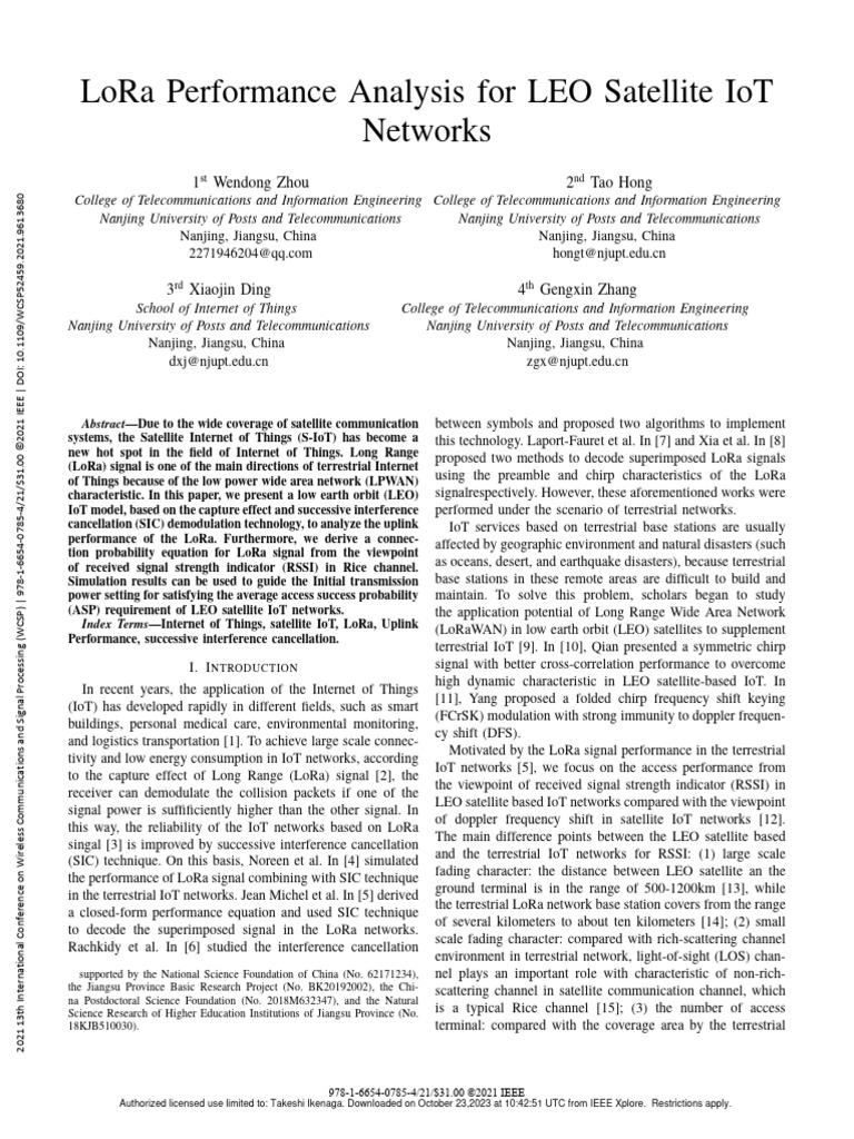 1 LoRa - Performance - Analysis - For - LEO - Satellite - IoT - Networks-WCSP2021 | PDF ...