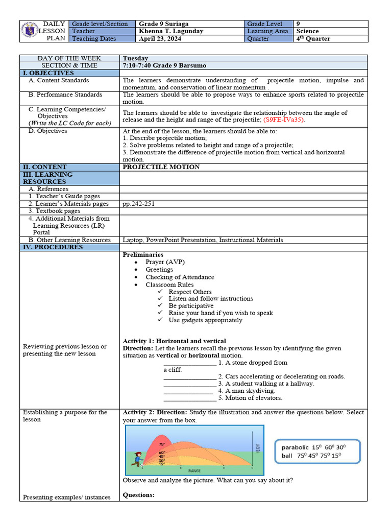 Grade 9 Science: Projectile Motion Lesson Plan | PDF | Force | Trajectory