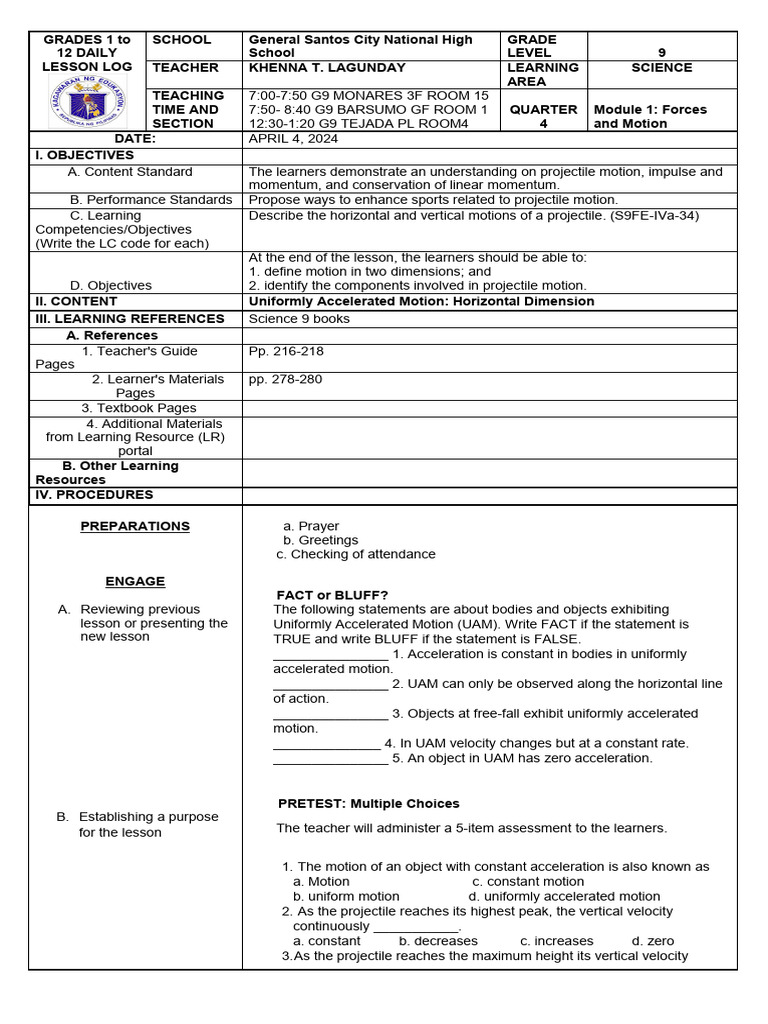 Phy - W1 D4 - LP - G9 - Sy2023-2024 | PDF | Acceleration | Projectiles