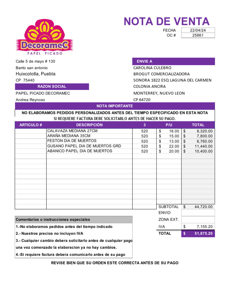 Nota de Venta: Artículos Día de Muertos | PDF