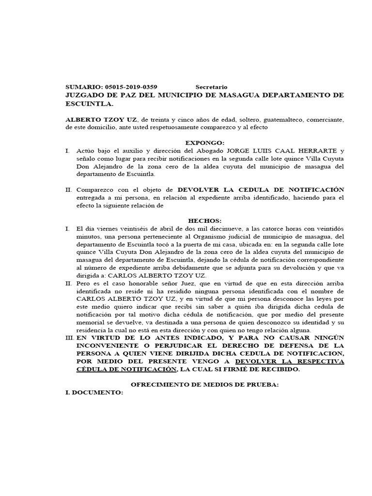 Devolucion de Cedula de Notificacion Caso Lic Caal | PDF | Justicia ...
